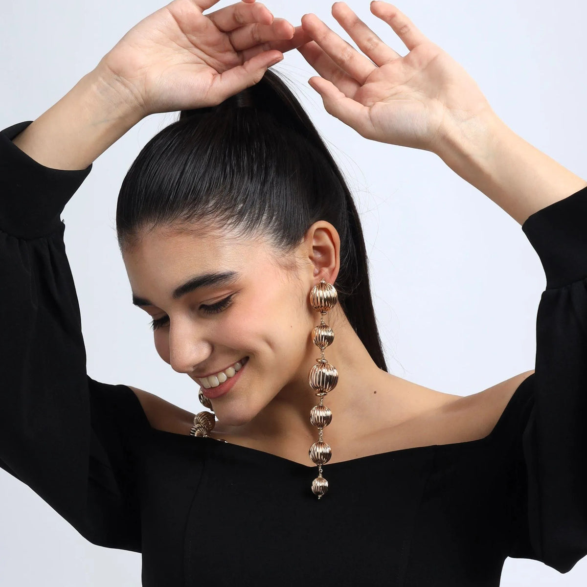 TFC Vortex Bold Bead Gold Plated Shoulder Duster Dangler Earrings